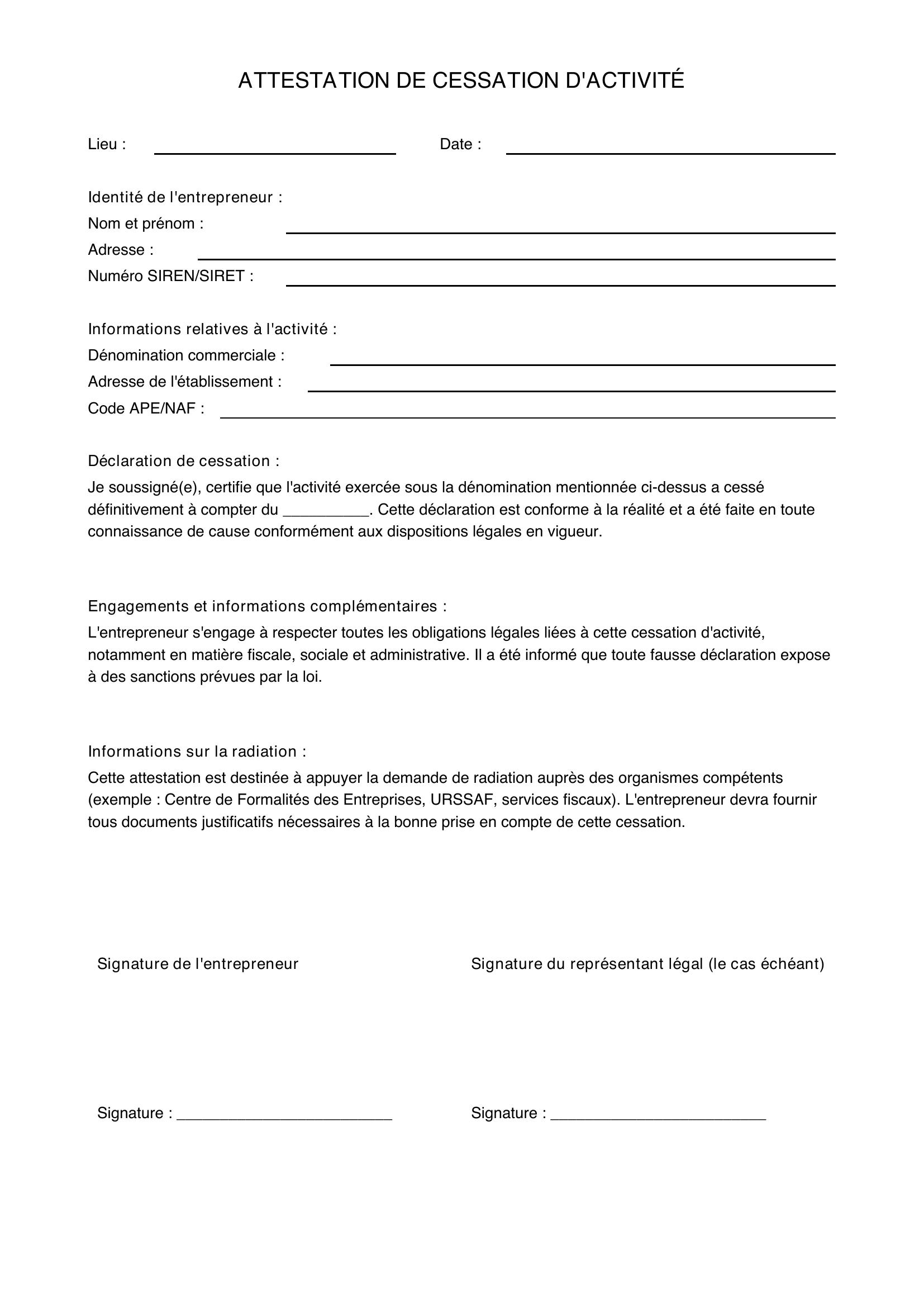 Attestation De Cessation D'Activité