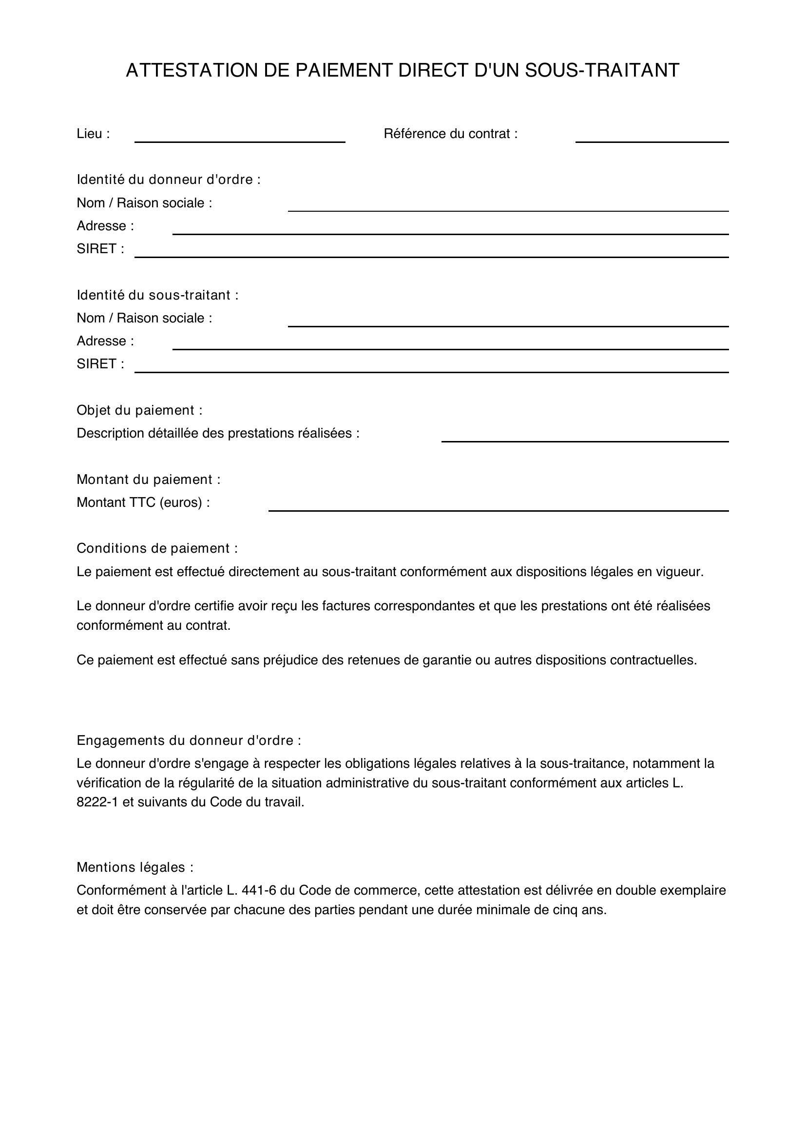 Attestation De Paiement Direct D'Un Sous Traitant