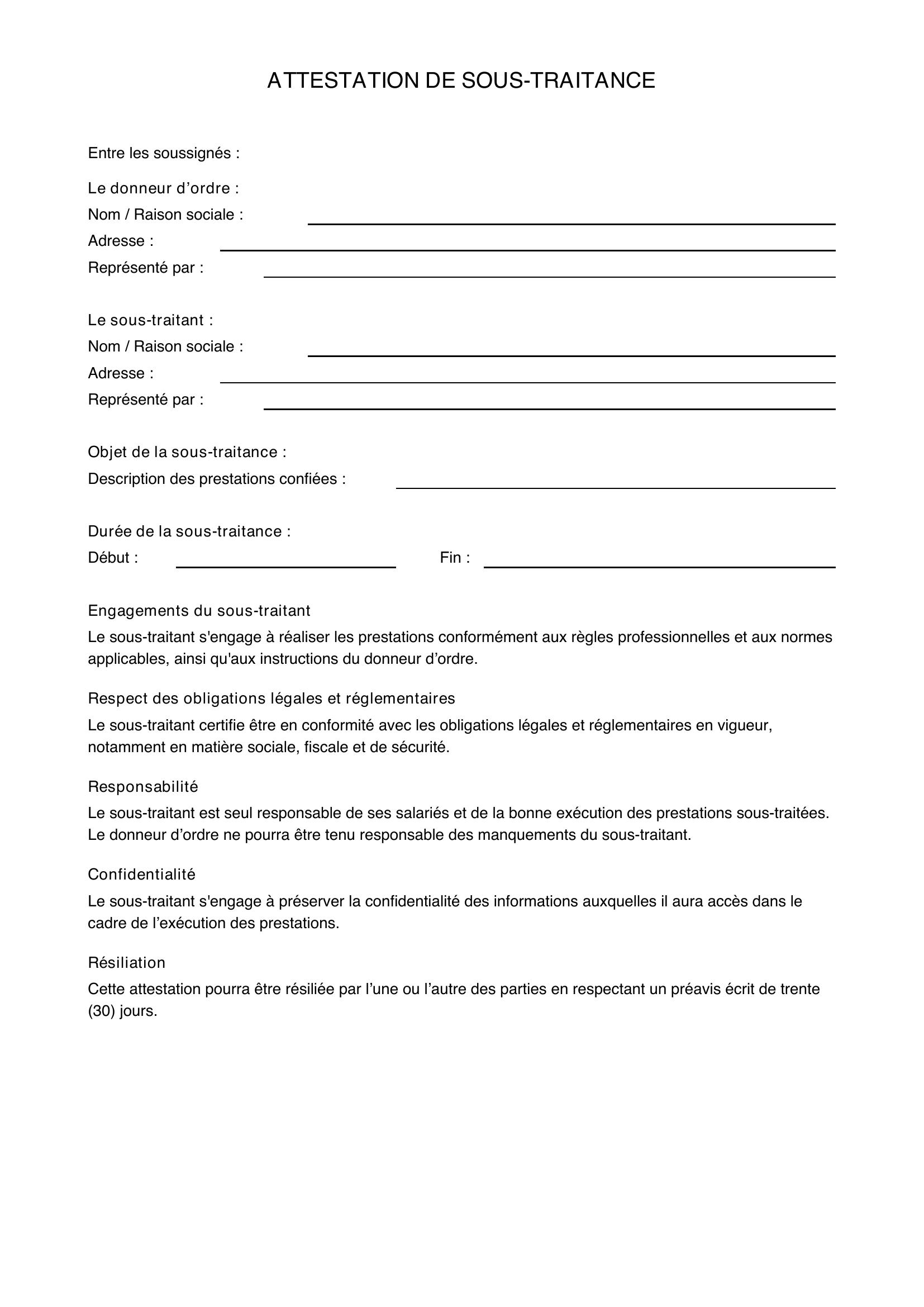 Attestation De Sous Traitance