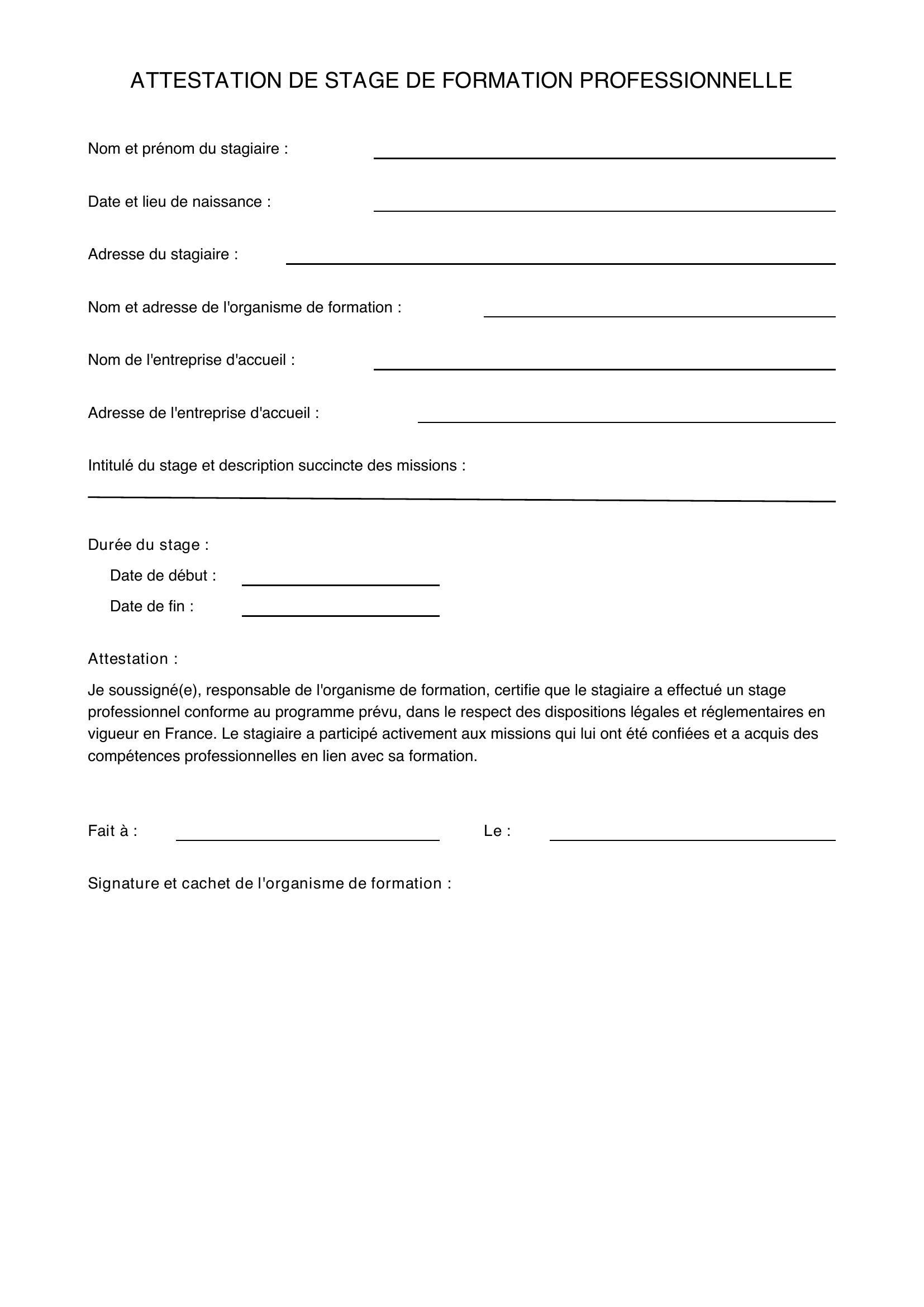 Modèle Attestation De Stage Formation Professionnelle