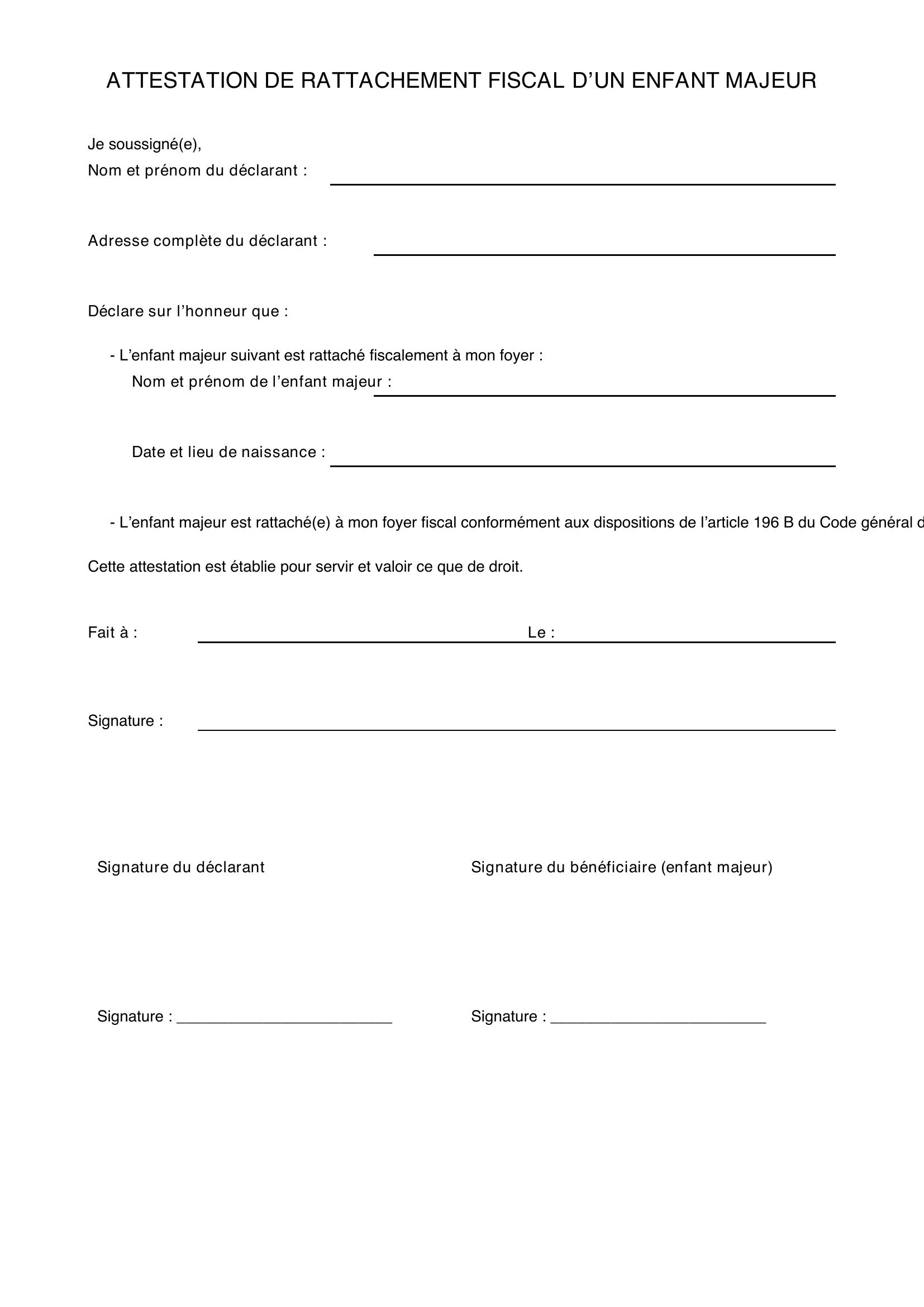 Attestation Rattachement Fiscal Enfant Majeur